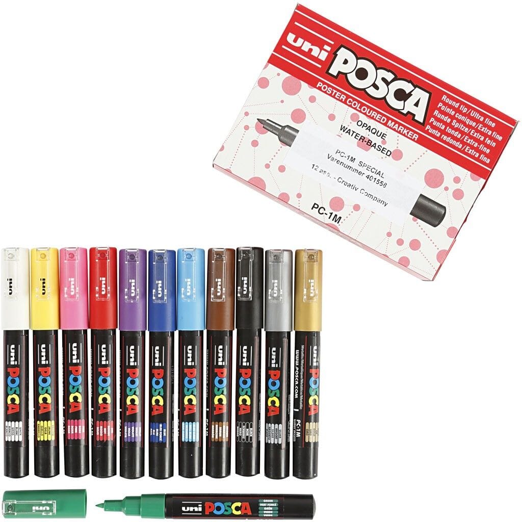 Uni Posca Tusj, ass. Farger, ekstra fin, 12stk, 0,7 mm, PC-1 - HOBBYLAGERET